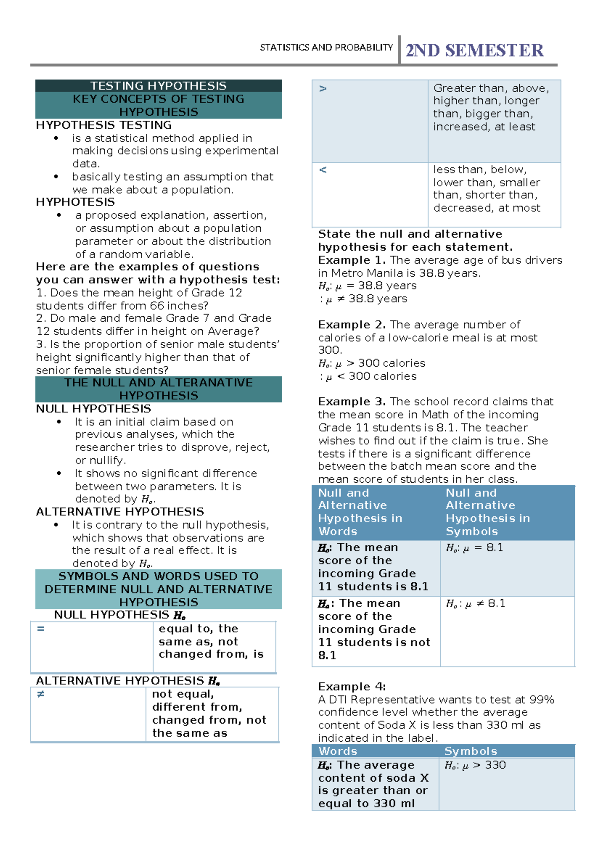 4th-Stats - STATS - 2 ND SEMESTER TESTING HYPOTHESIS KEY CONCEPTS OF ...