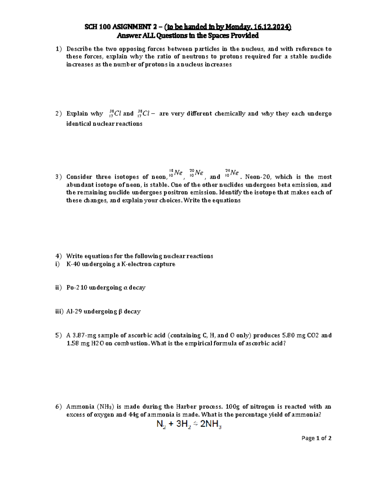 SCH 100 Assignment 2: Nuclear Forces & Reactions Analysis - Studocu