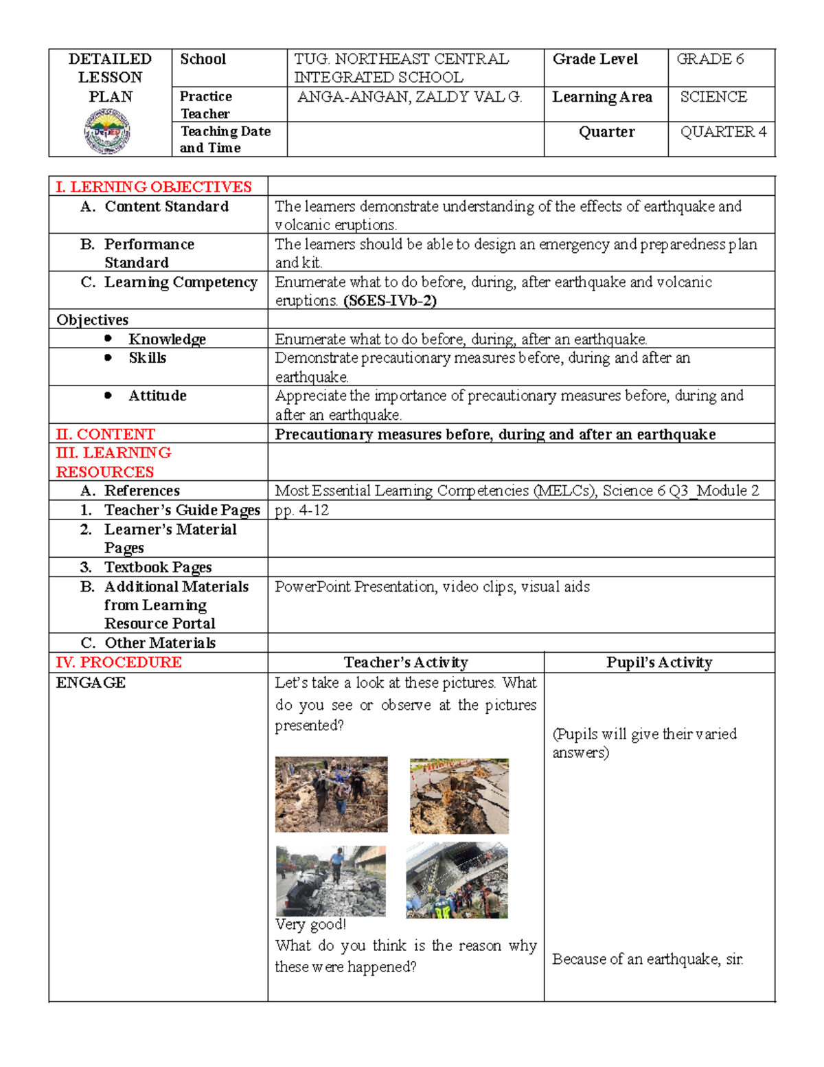 Earthquake Preparedness - Science 6 Lesson Plan Quarter 4 - Studocu