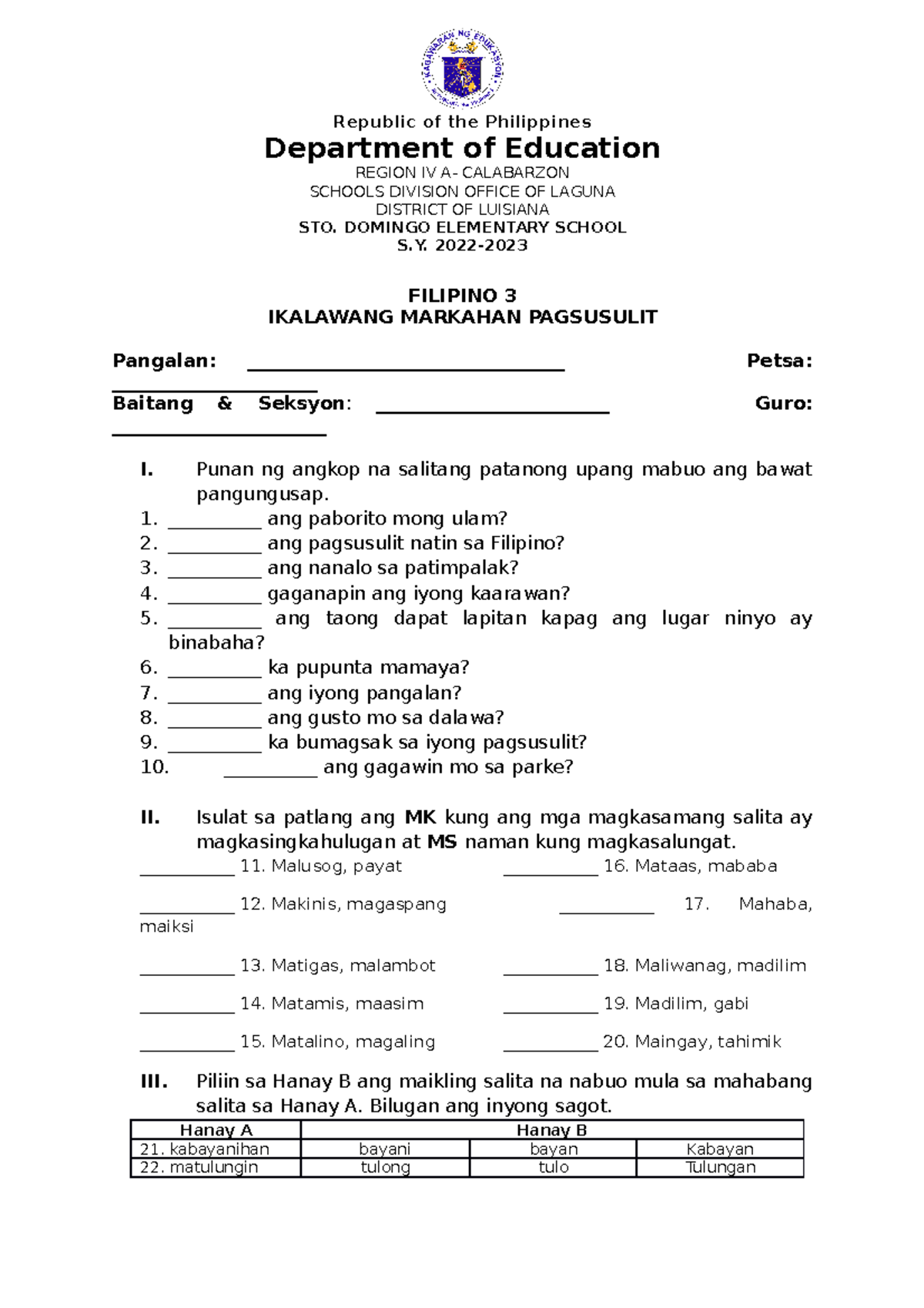 Second Periodical TEST IN Filipino 3 - Republic of the Philippines ...