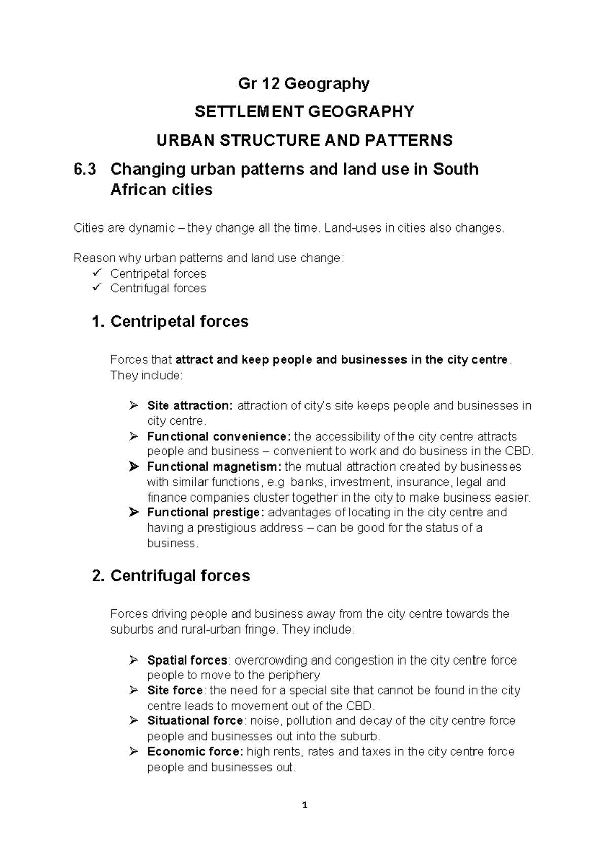 Gr 12 Settlement Geography Part 8: Urban Patterns & Land Use Summaries ...
