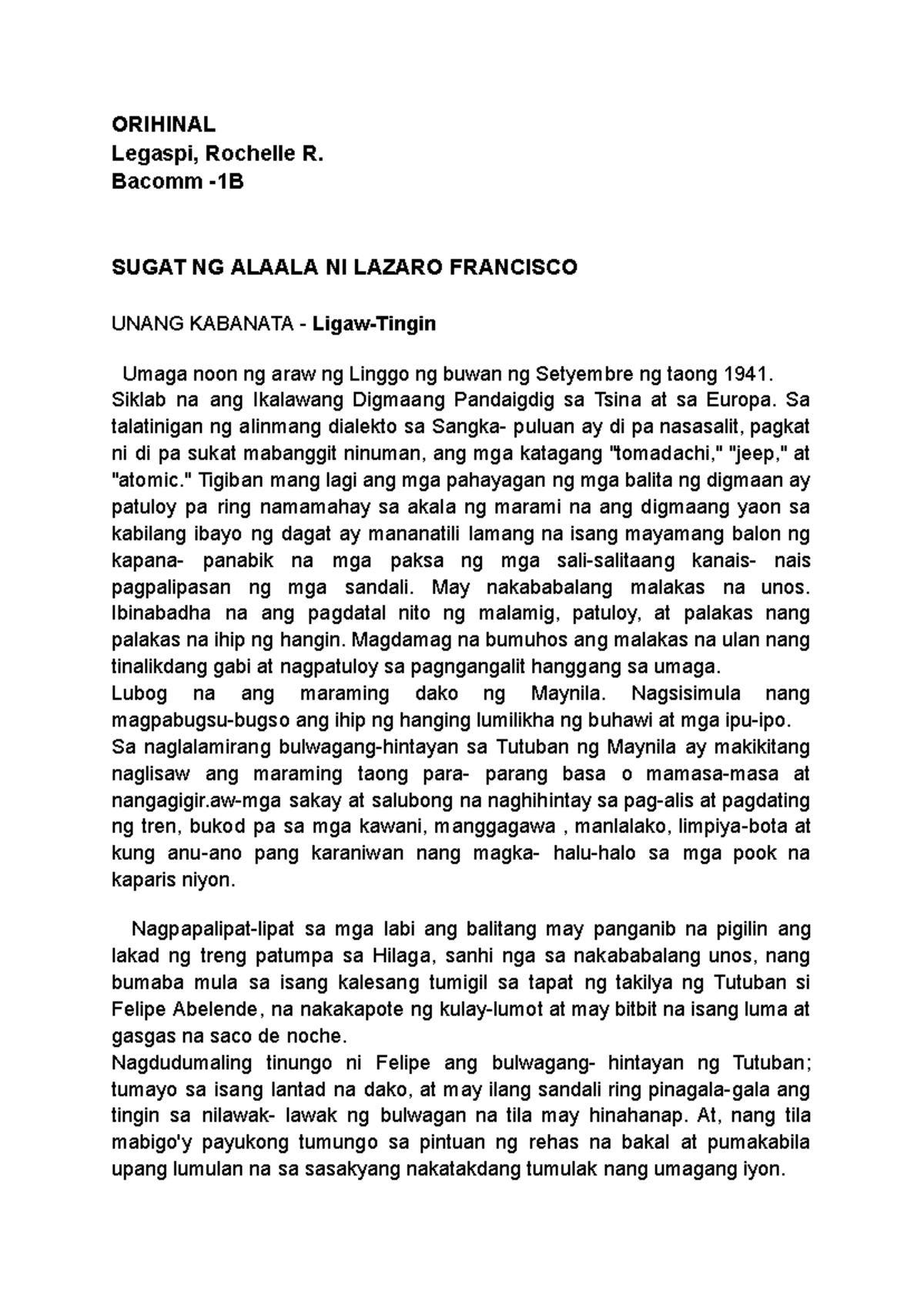 Bacomm-1B: Sugat ng Alaala ni Lazaro Francisco - Unang Kabanata - Studocu