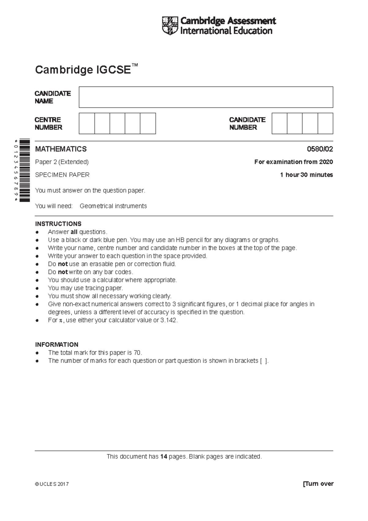 Cambridge IGCSE Mathematics 0580/02 Specimen Paper 2 (2020) - Studocu