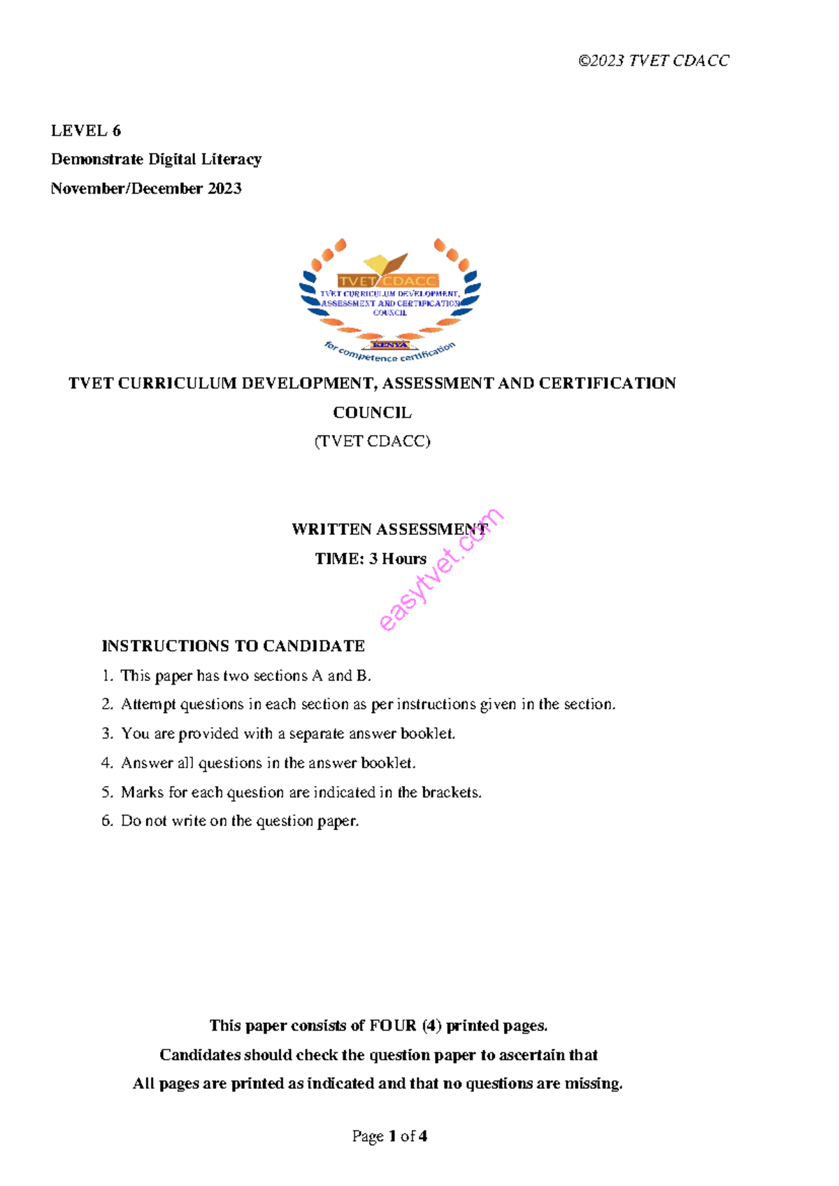 TVET CDACC LEVEL 6 Digital Literacy Written Assessment 2023 - Studocu