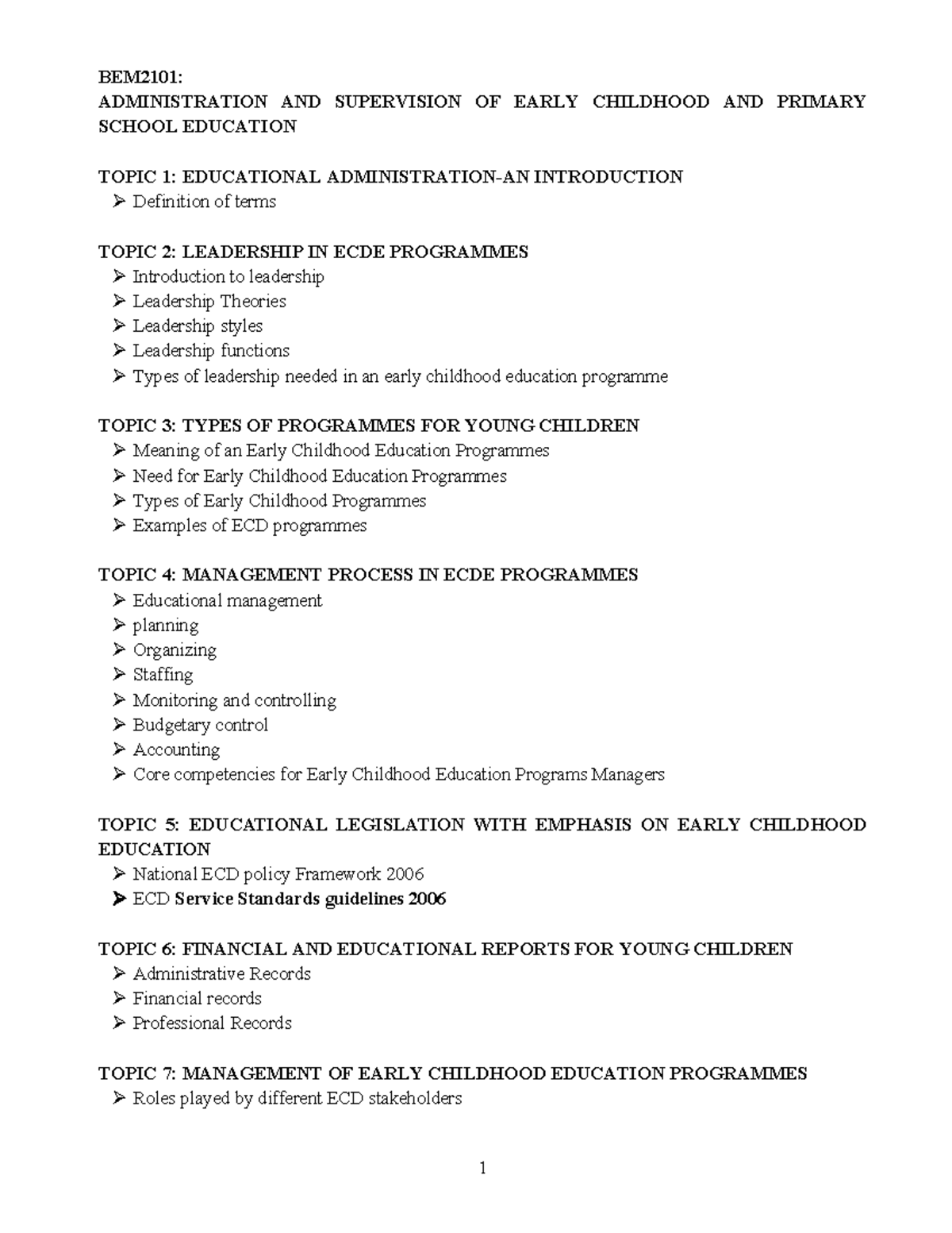 BEM2101: Notes on Admin and Supervision in Early Childhood Education ...