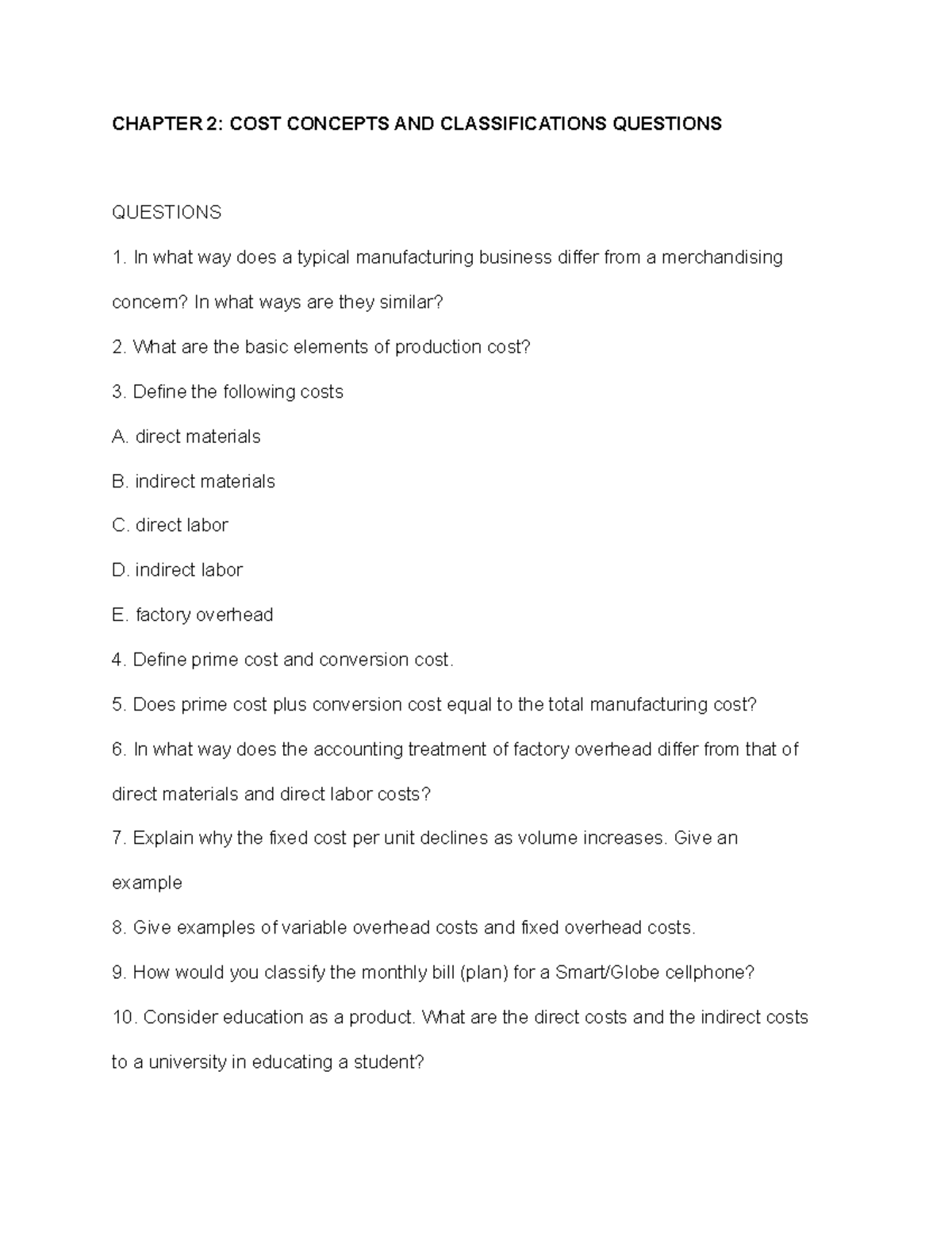 Chapter 2 COST Concepts AND Classification Questions - CHAPTER 2: COST CONCEPTS AND ...