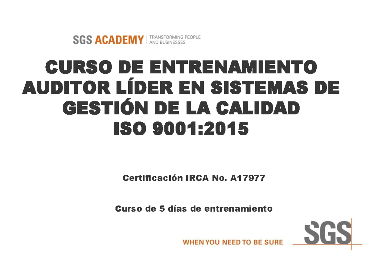 Auditor Líder IRCA en Sistemas de Gestión de Calidad ISO 9001:2015 ...