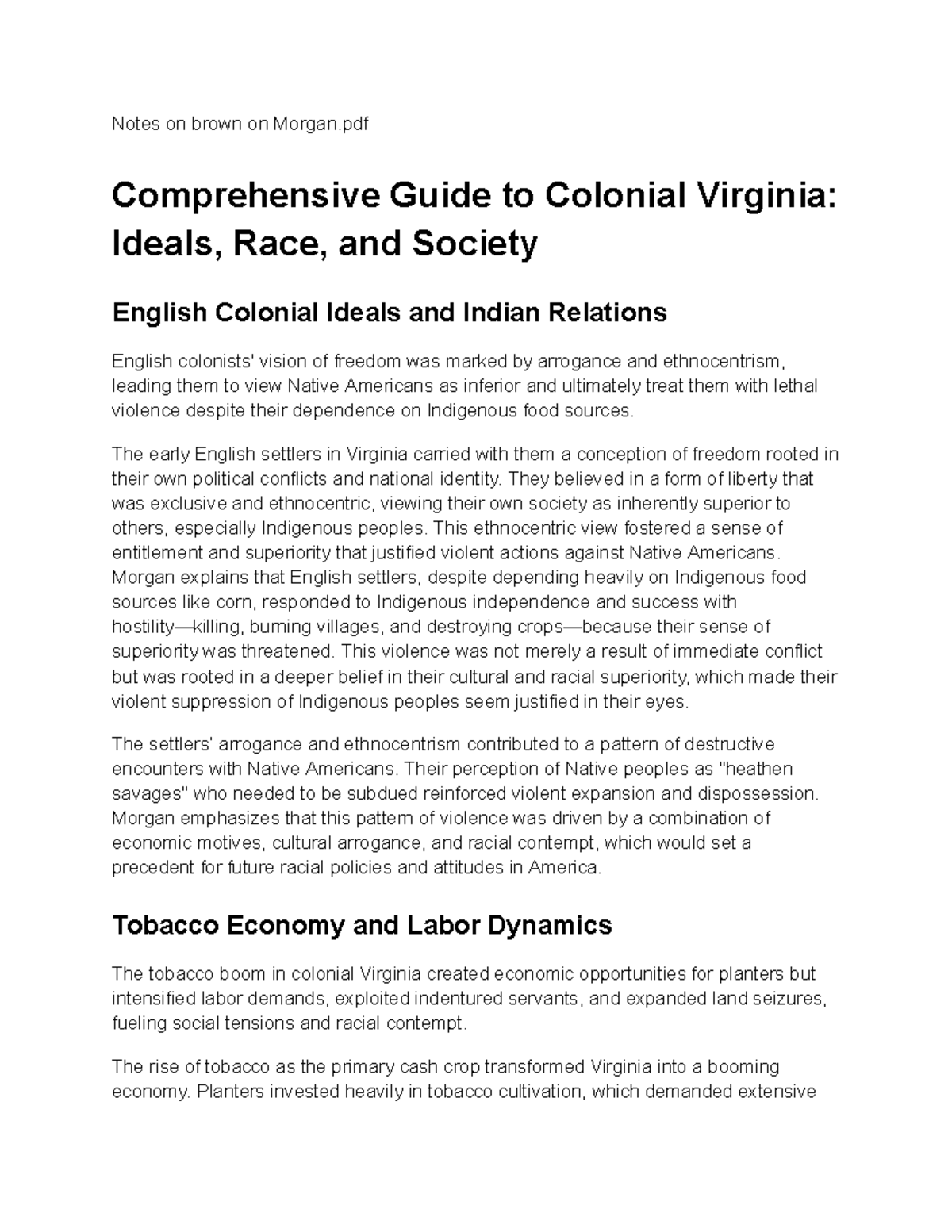 Colonial Virginia: Race, Ideals, and Economic Structures (HIST 5800 ...