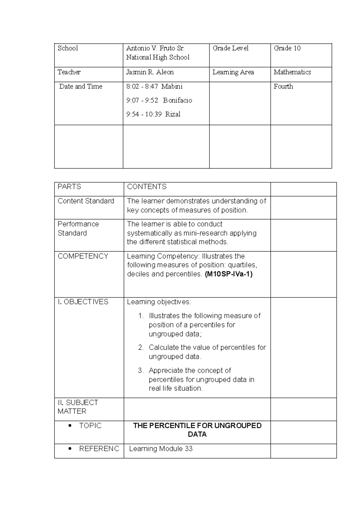 Lesson Plan: Percentiles for Ungrouped Data (Math 10) - Studocu