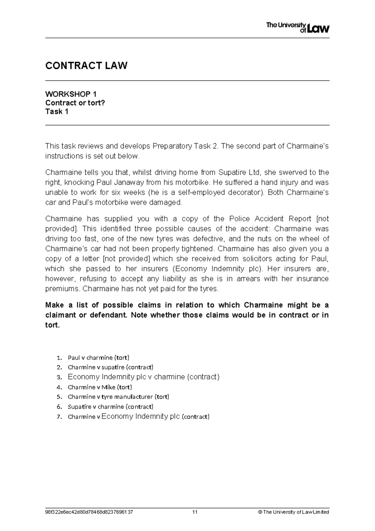 Contract Law WS1: Analysis of Claims in Contract and Tort Scenarios ...
