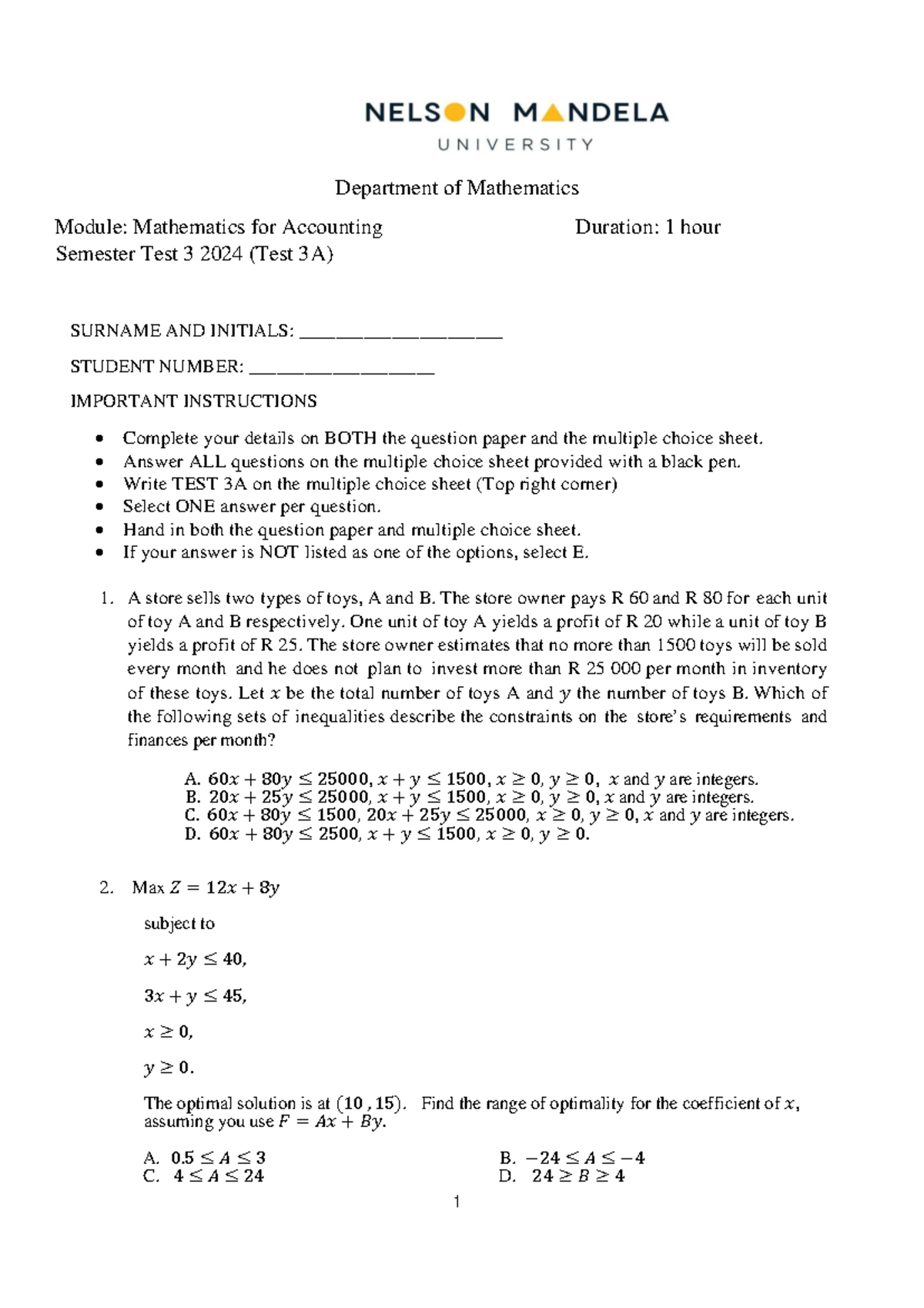 MACV 101 Test 3A Mathematics for Accounting 2024 Exam Prep - Studocu