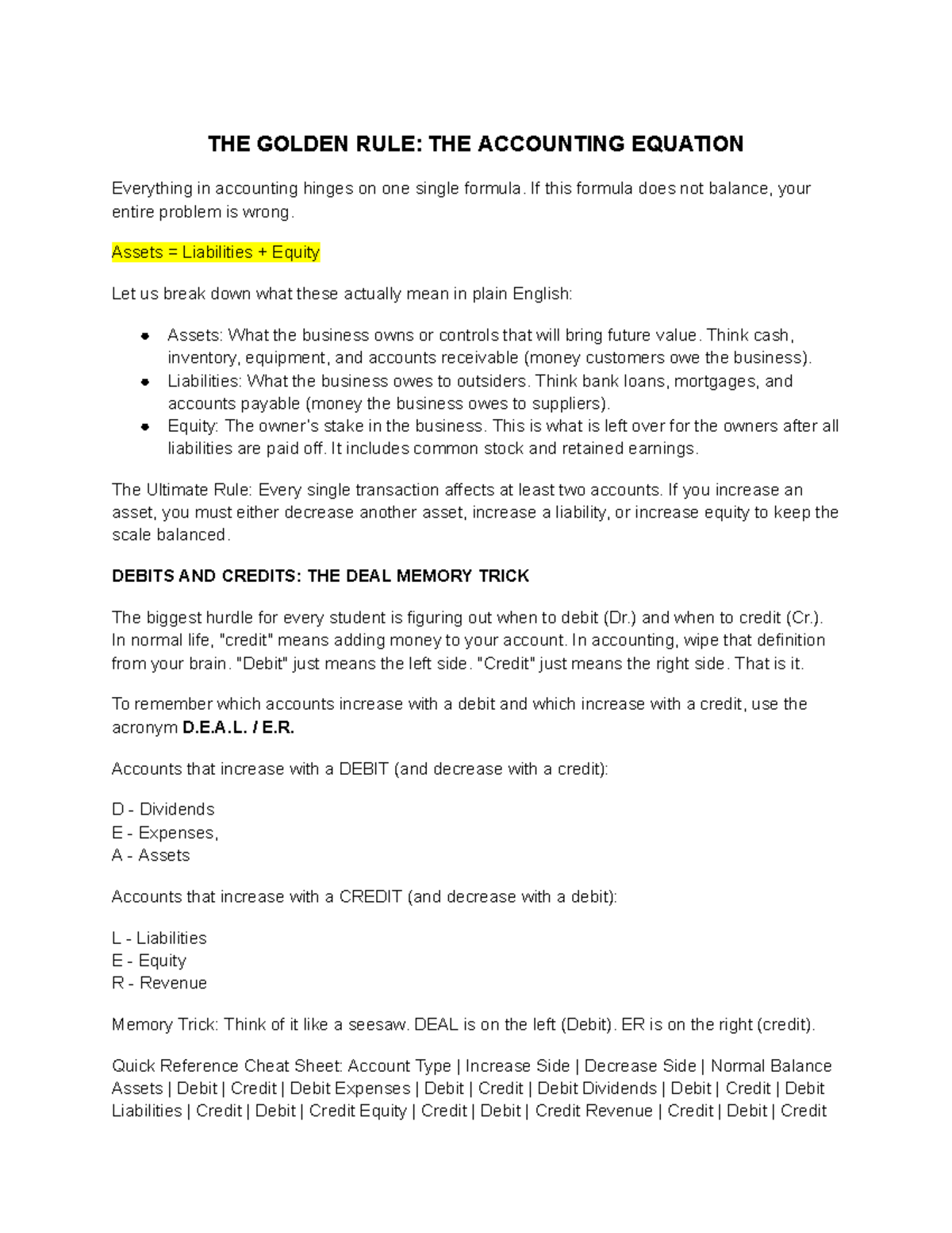 THE ACCOUNTING EQUATION: UNDERSTANDING ASSETS, LIABILITIES & EQUITY ...