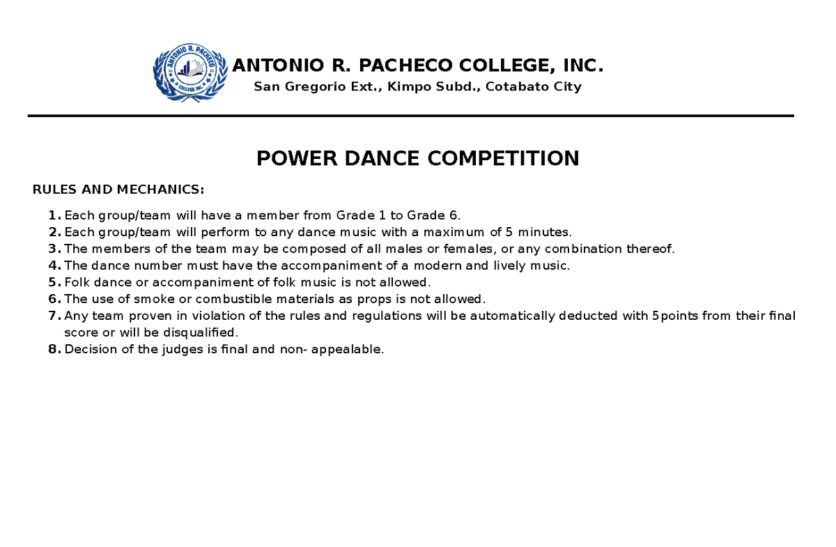 Power Dance Competition Rules & Mechanics - Criteria Guide - Studocu