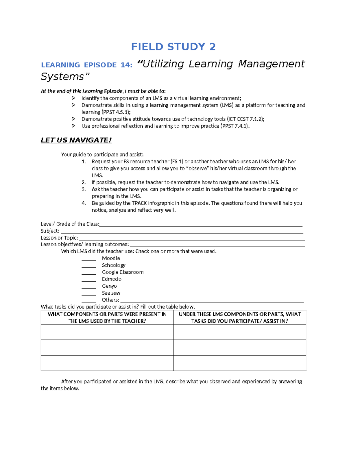 FIELD STUDY 2: Learning Episode 14 on LMS Navigation and Use - Studocu