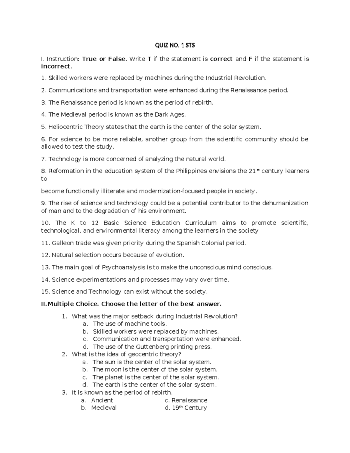 Science Technology and Society Quiz 1: True or False & Multiple Choice ...