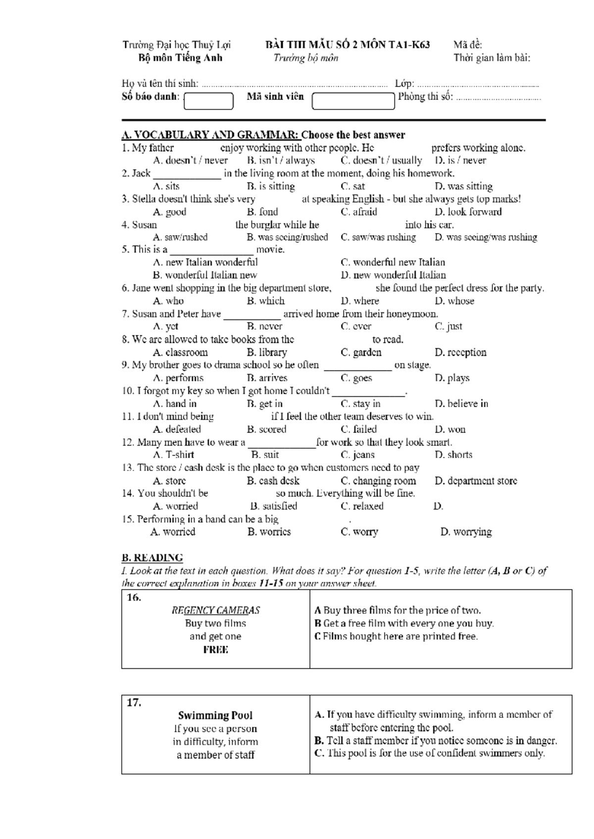 TA1-K63-Final Sample Test 2: English Vocabulary & Grammar - Studocu