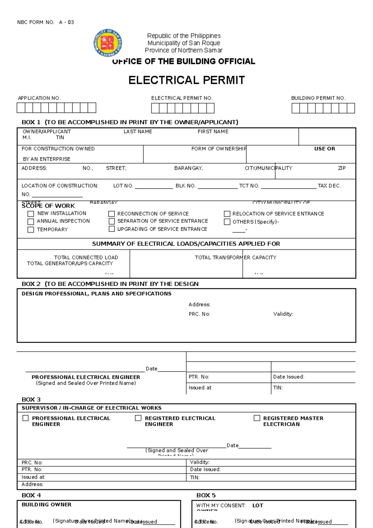 Electrical Permit Application Form - NBC FORM NO. A - 03 - Studocu