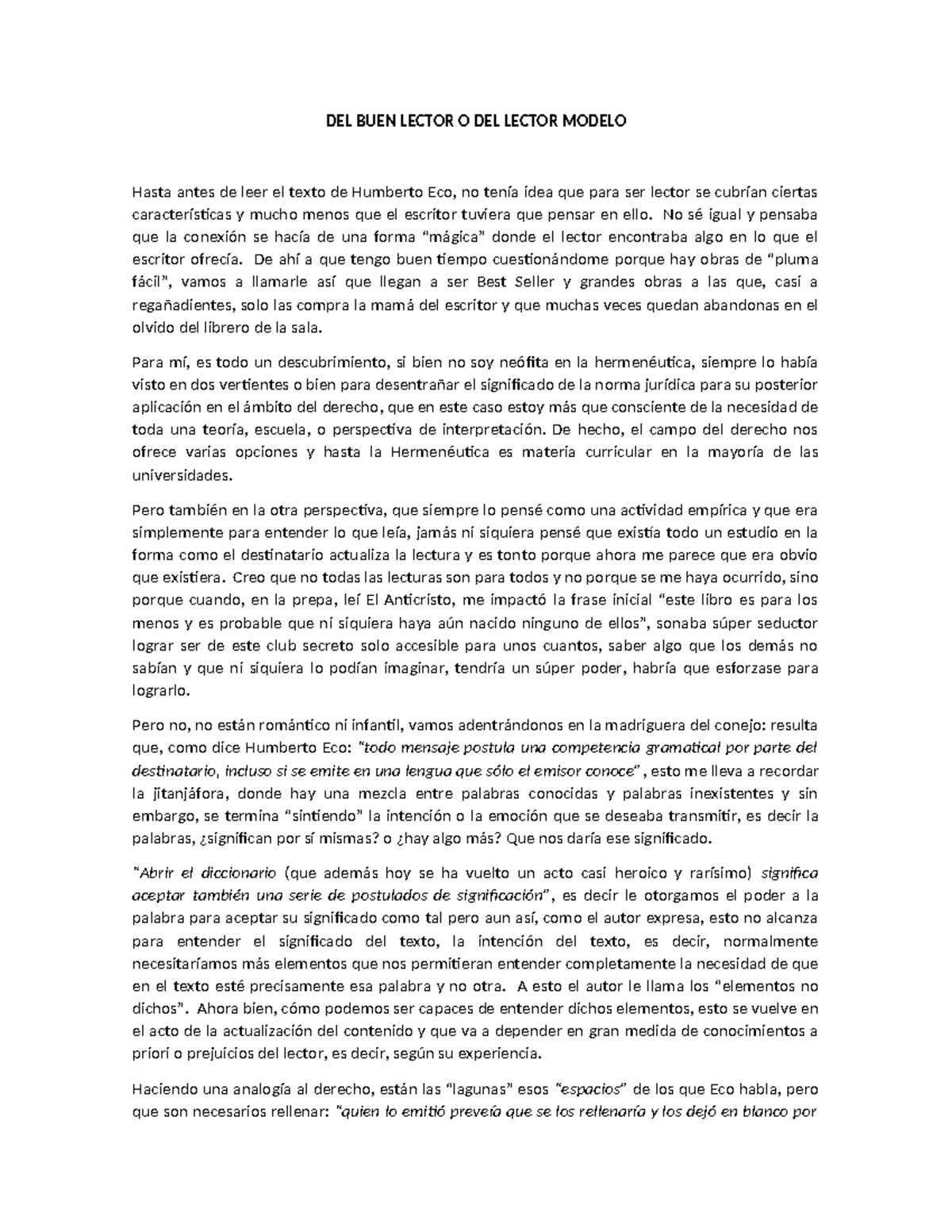 Análisis del Lector Modelo en "Del Buen Lector" de Eco - Studocu