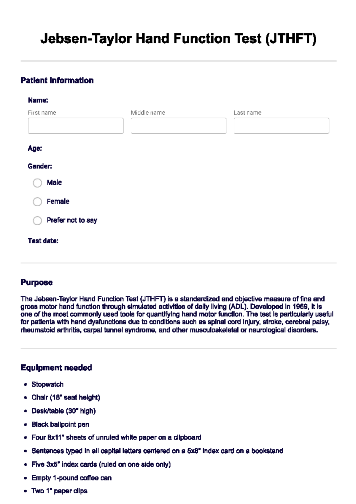 JTHFT Hand Function Test: Patient Info & Test Procedure Guide - Studocu