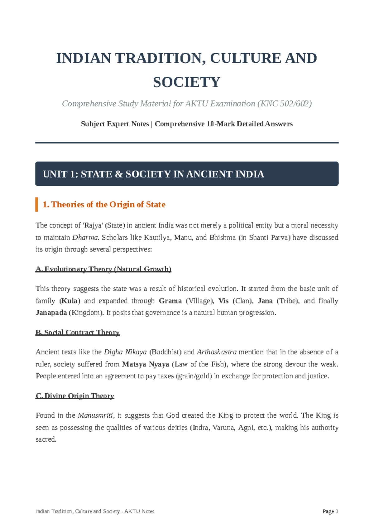 AKTU Indian Tradition, Culture & Society Study Notes: Unit 1 & 2 - Studocu