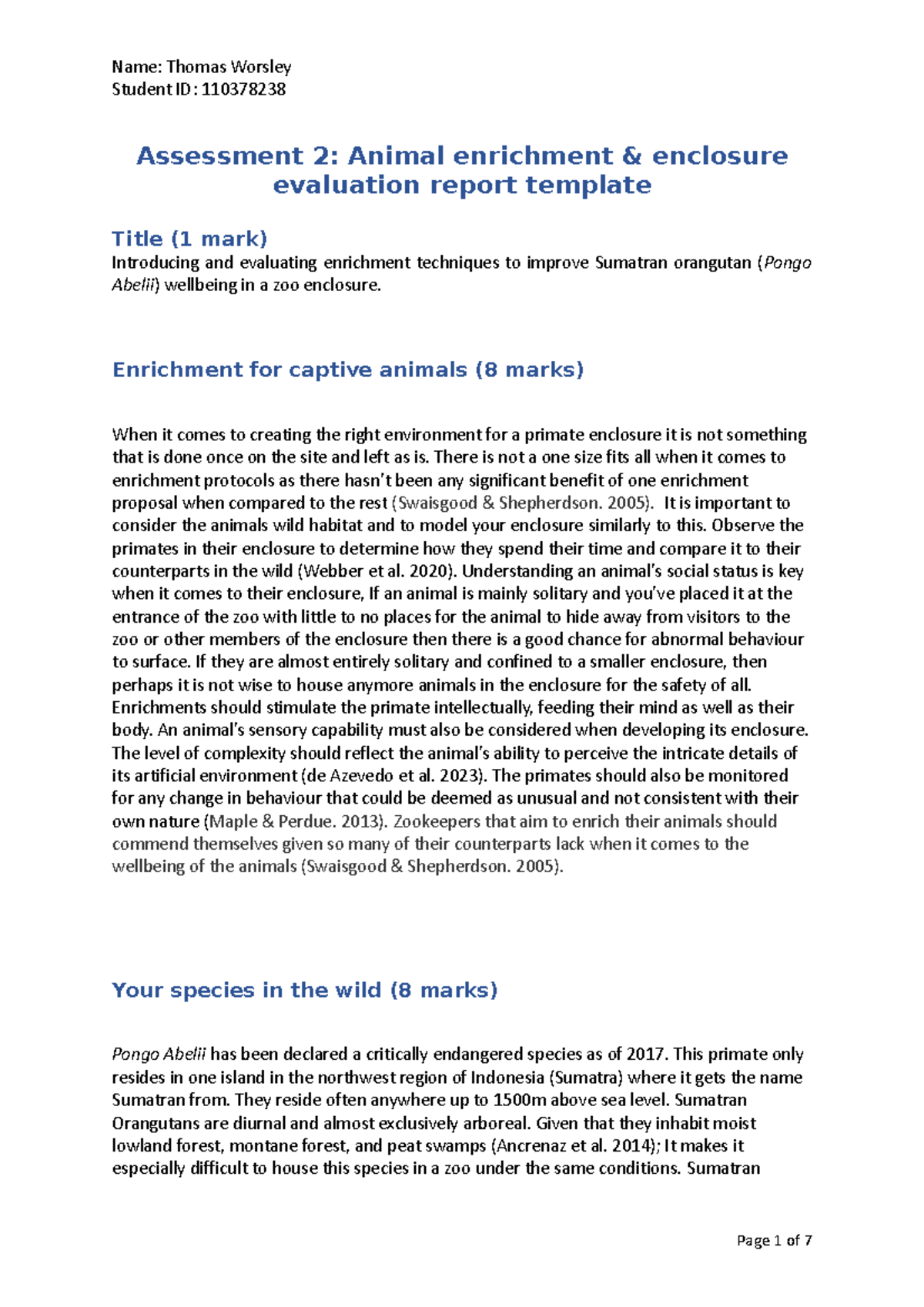 2023 Assessment 2: Animal Enrichment for Sumatran Orangutans Report ...