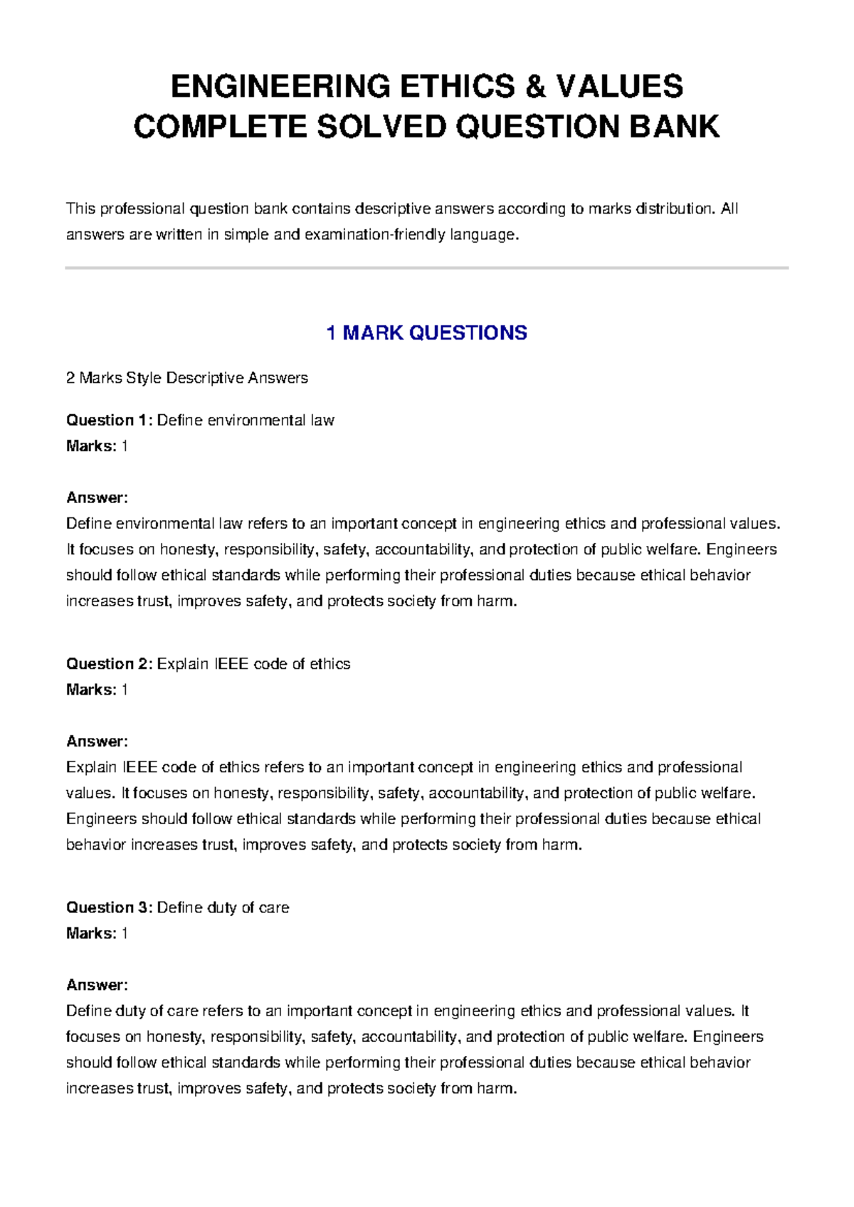 ENGR 101: Complete Question Bank on Professional Engineering Ethics ...