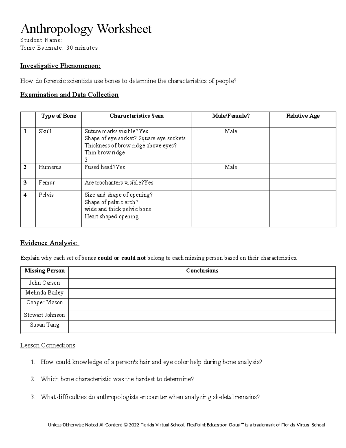 Anthropology Worksheet: Analyzing Bones for Forensic Identification ...