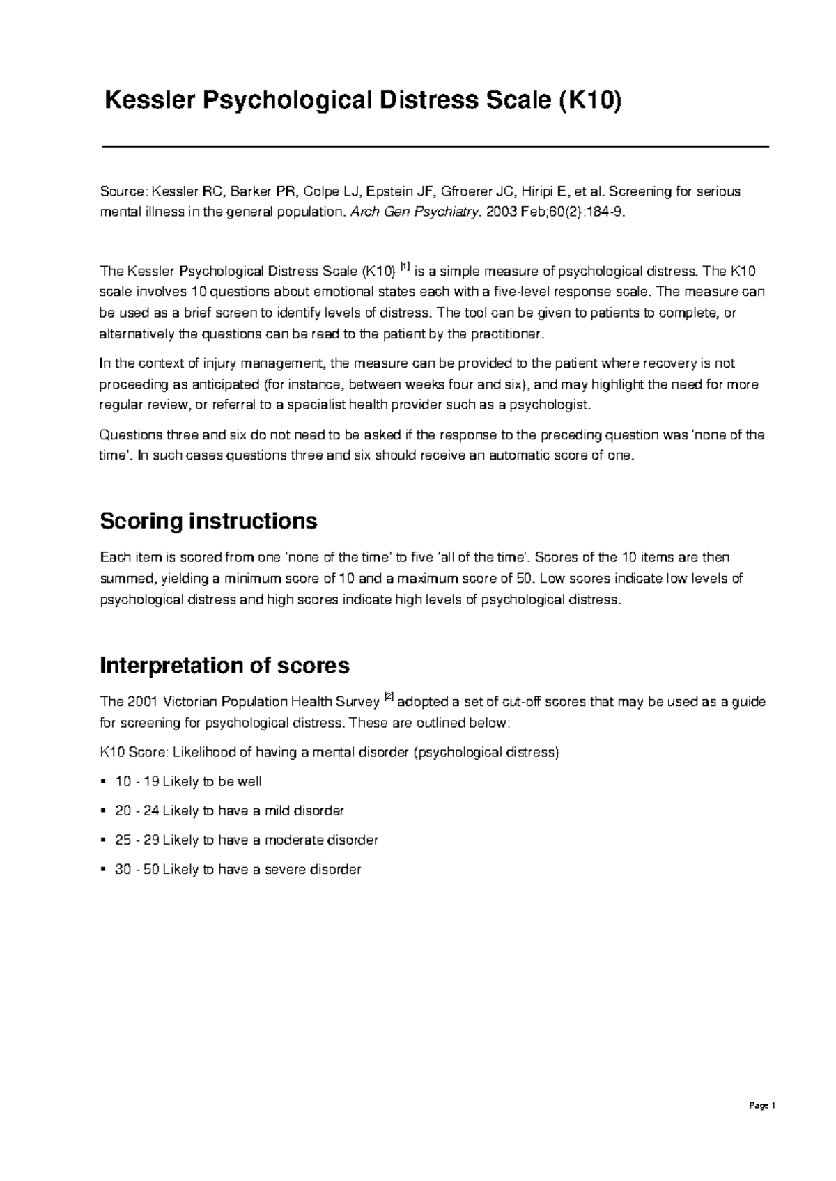 K10 Psychological Distress Scale: Overview & Scoring Instructions - Studocu