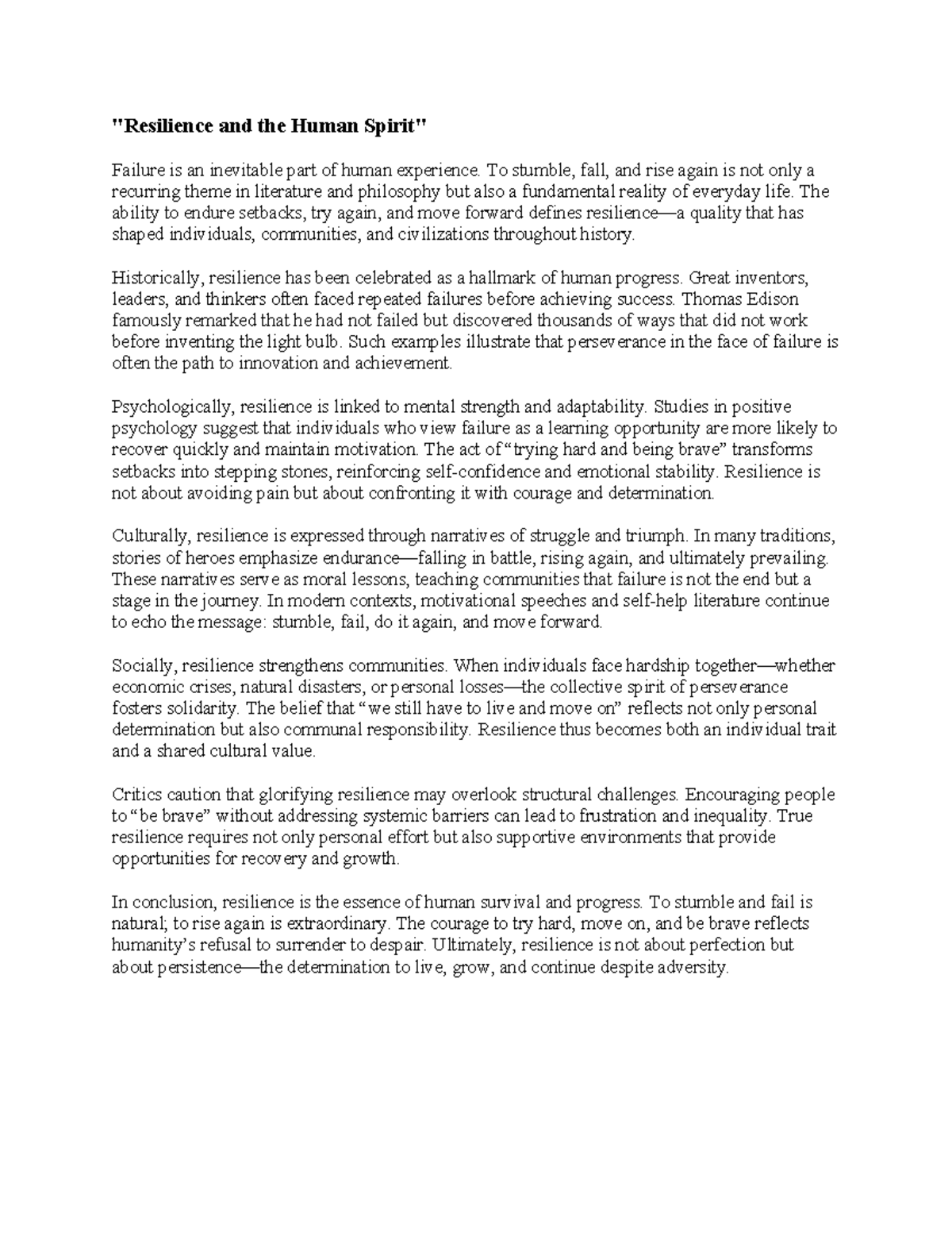 Resilience and the Human Spirit: Embracing Failure and Growth - Studocu