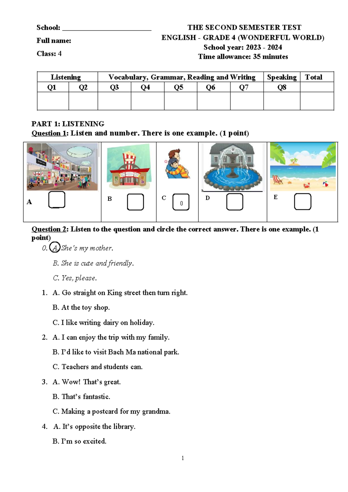 Grade 4 English Test: 2nd Semester (Wonderful World) 2023-2024 - Studocu