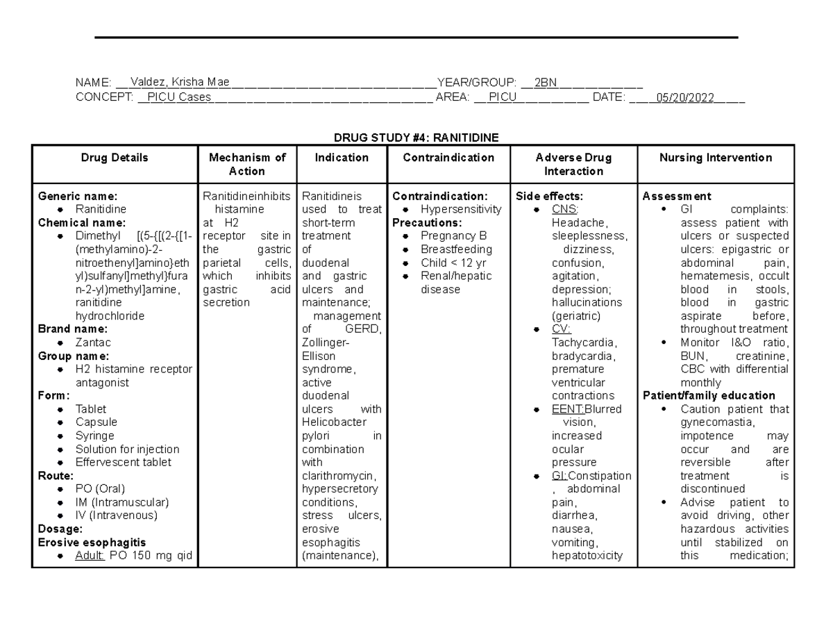 DRUG Study #4: Ranitidine Overview and Nursing Guidelines - Studocu