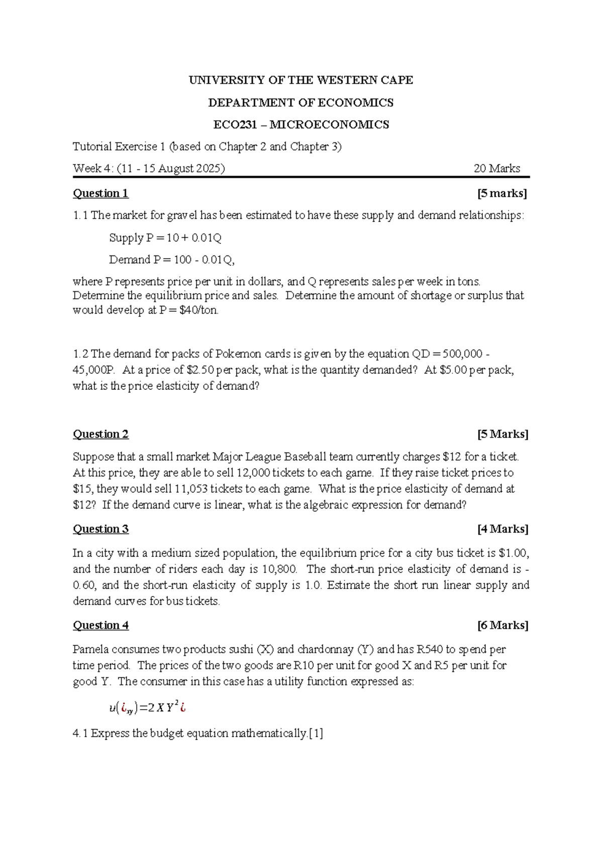 ECO231 Microeconomics Tutorial Exercise 1: Chapters 2 & 3 Analysis ...