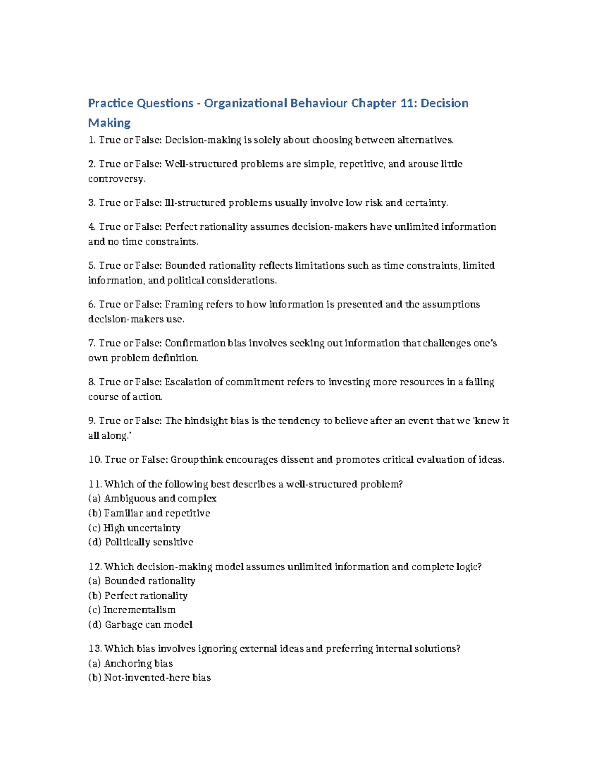 Organizational Behaviour Quiz: Chapter 11 Decision Making Questions ...