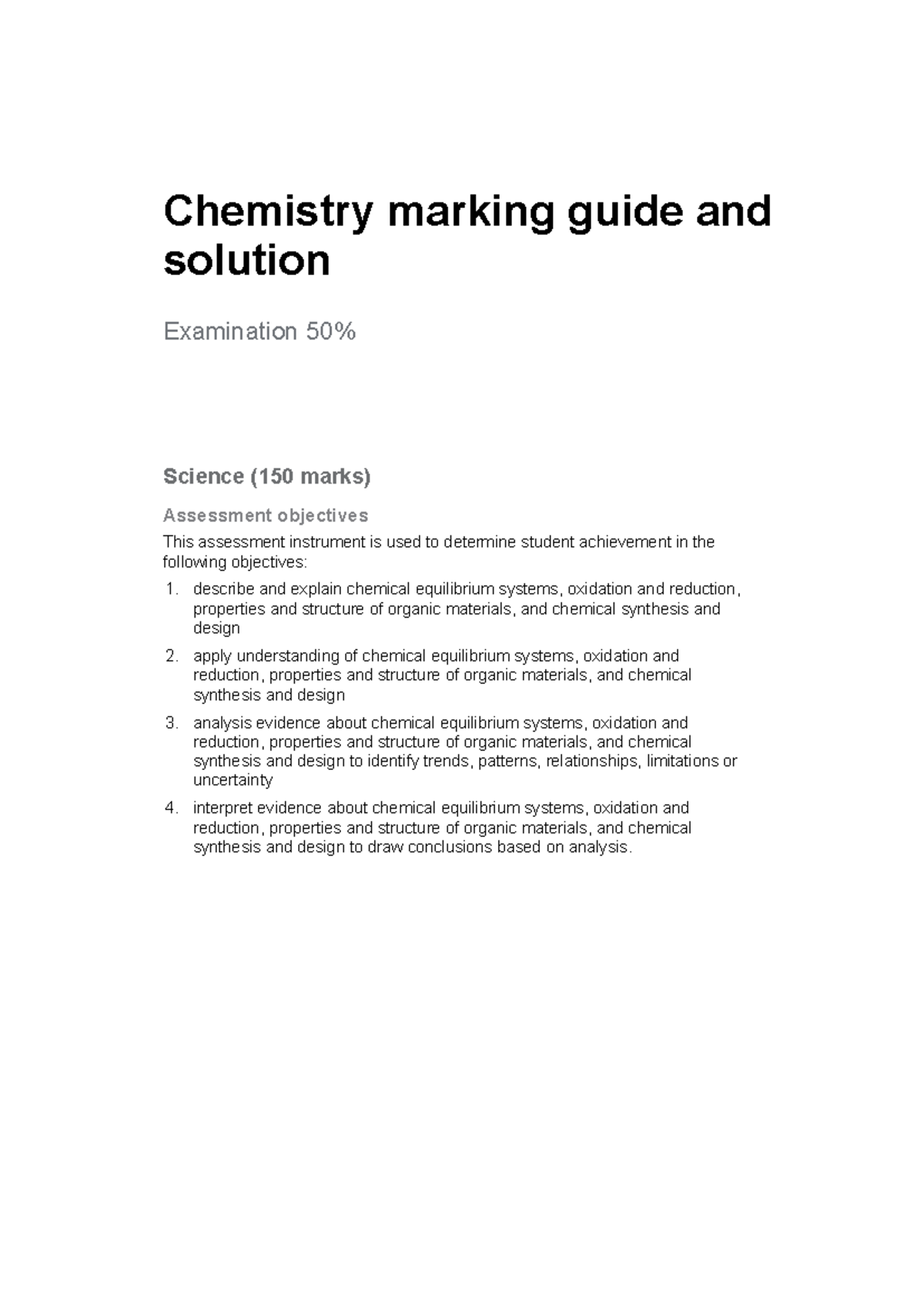Year 11 Chemistry FA1 Exam Solutions & Marking Guide (150 Marks) - Studocu