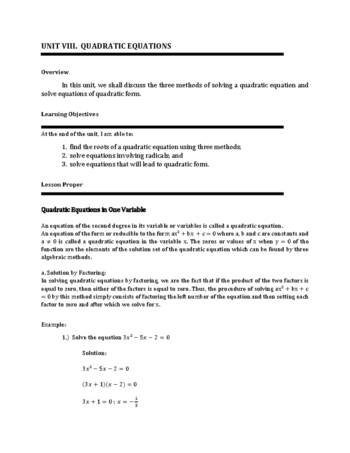 Trigonometry Unit 8 Module - Quadratic Equations - UNIT VIII. QUADRATIC ...