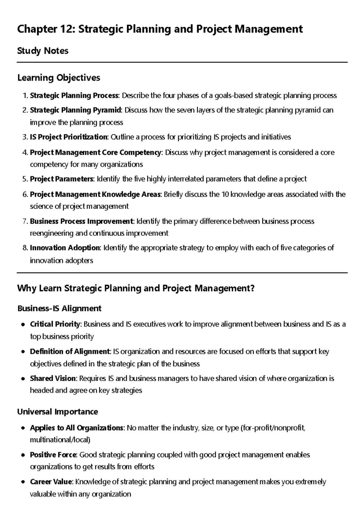 Chapter 12: Strategic Planning & Project Management Study Notes - Studocu