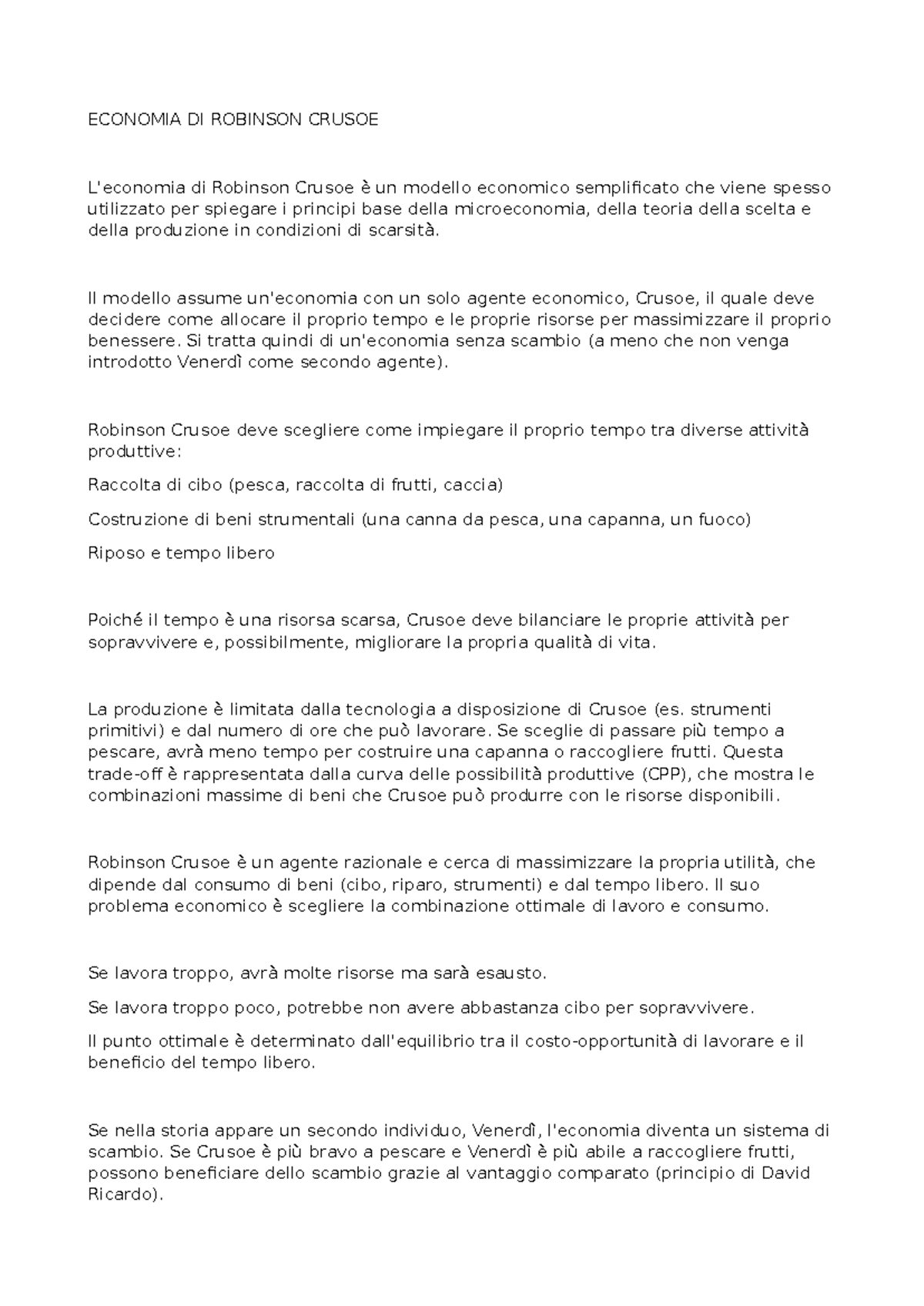 ECON 101: Modello Economico di Robinson Crusoe e Scelte Produttive ...