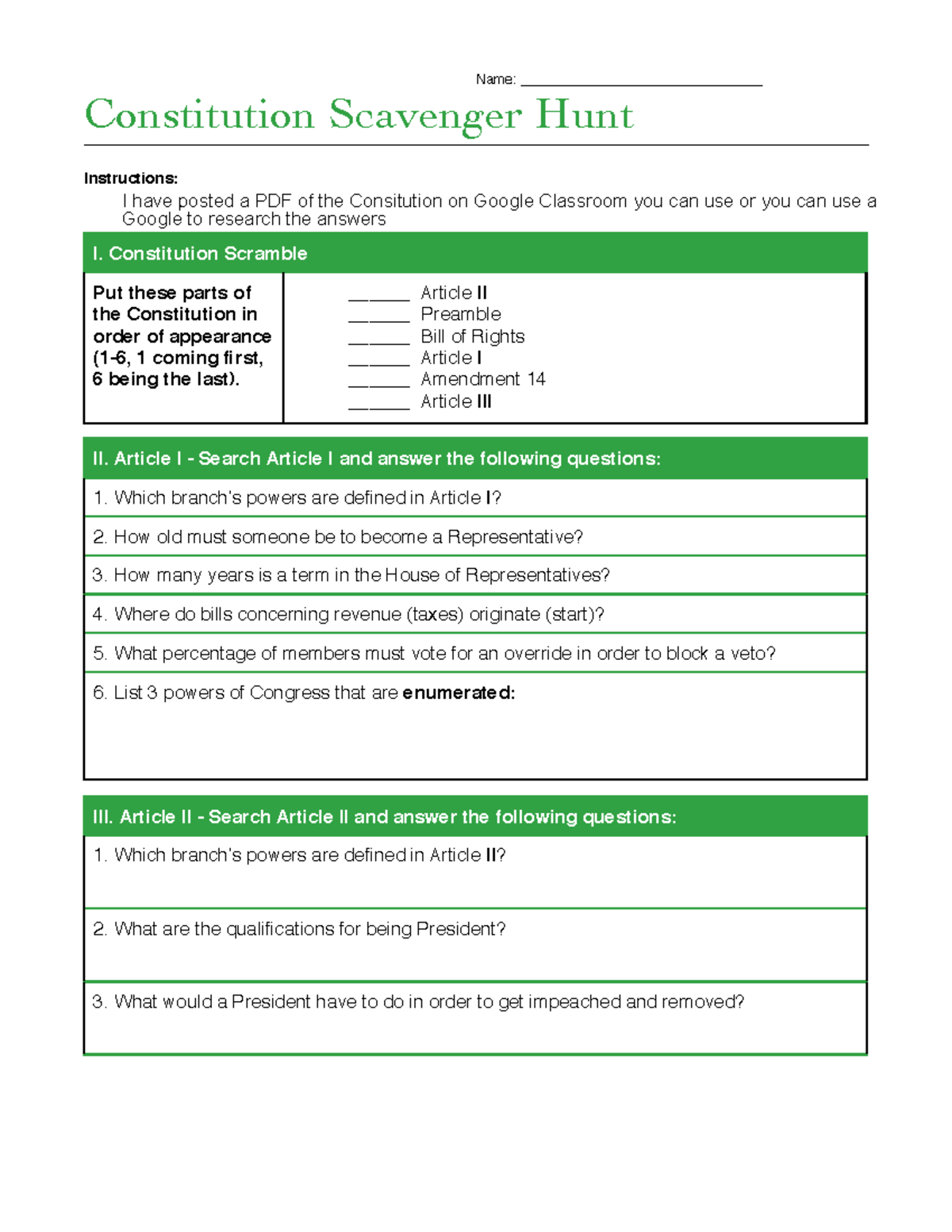 US Constitution Scavenger Hunt Instructions and Questions - Studocu