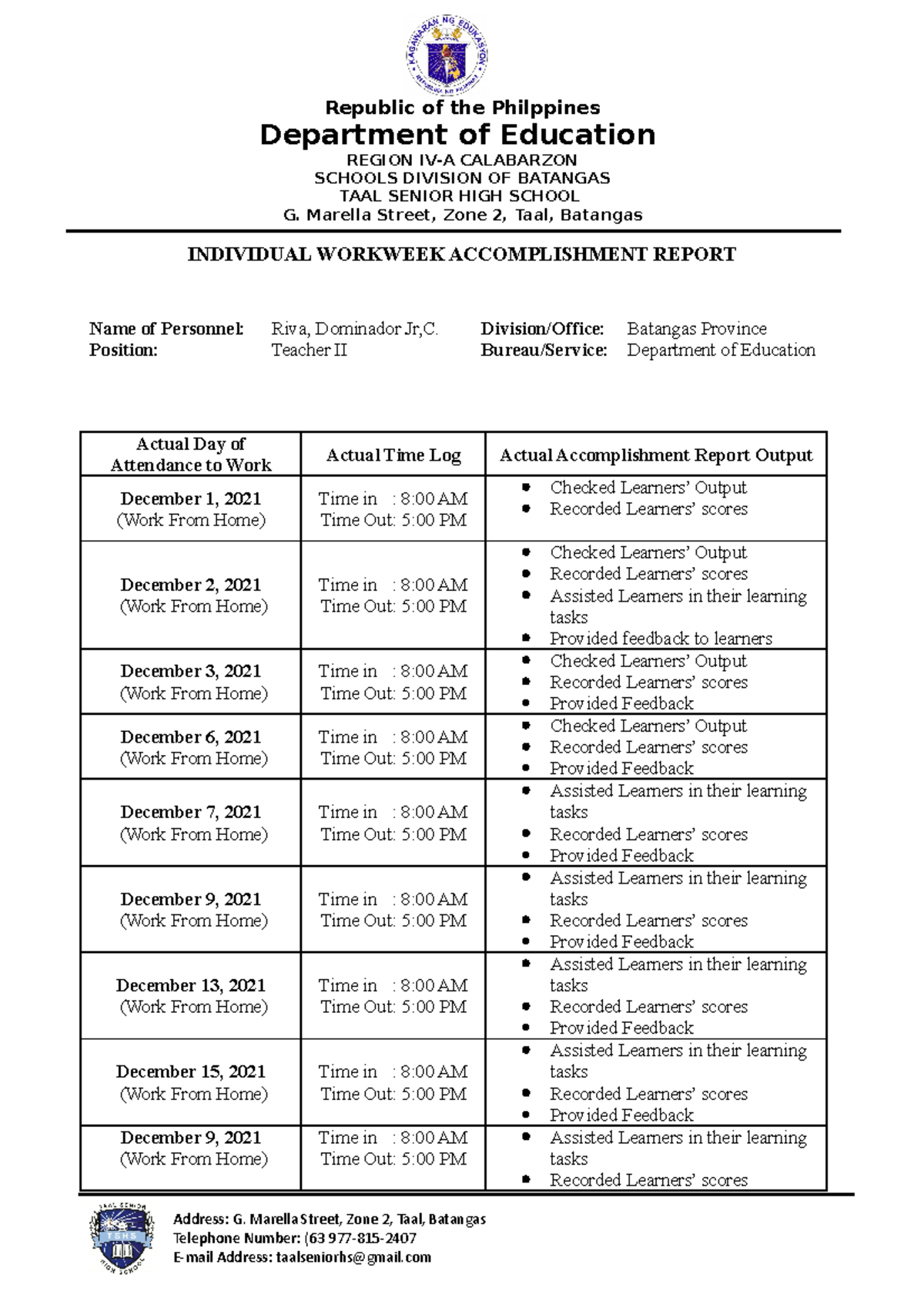 December 2021 Accomplishment Report - Republic of the Philppines ...