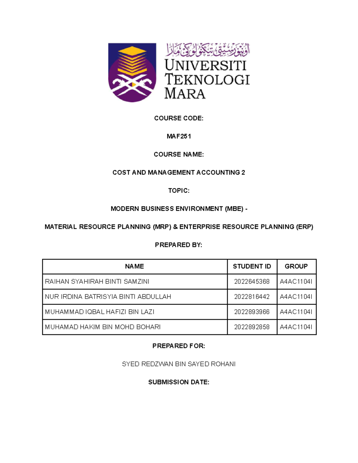 MAF251 Assignment Proposal: MRP & ERP in Modern Business Environment ...
