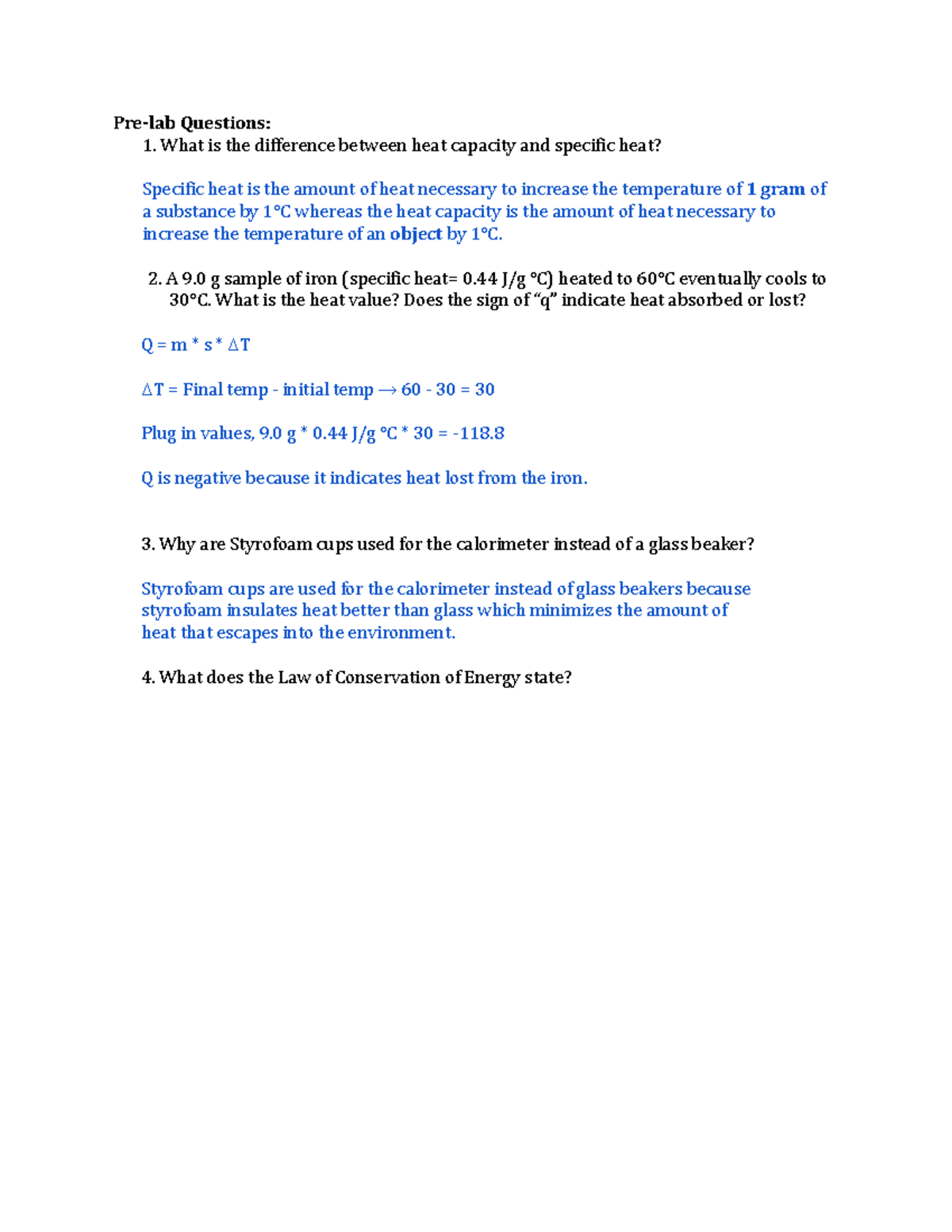 Pre Lab Questions 9: Heat Capacity vs. Specific Heat Analysis - Studocu