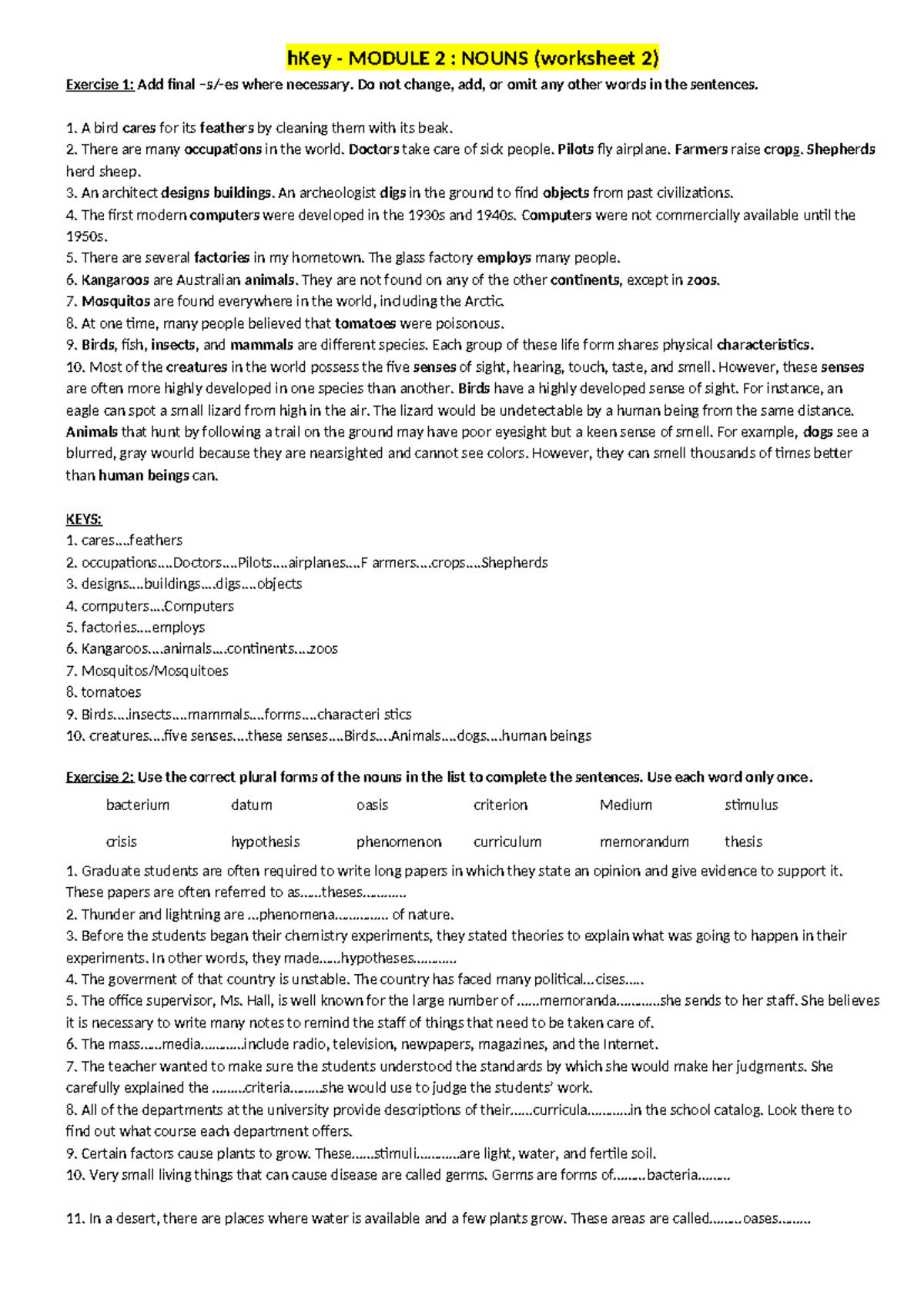11-NOUN - Practice Worksheet for Grammatical Points and Keys - Studocu