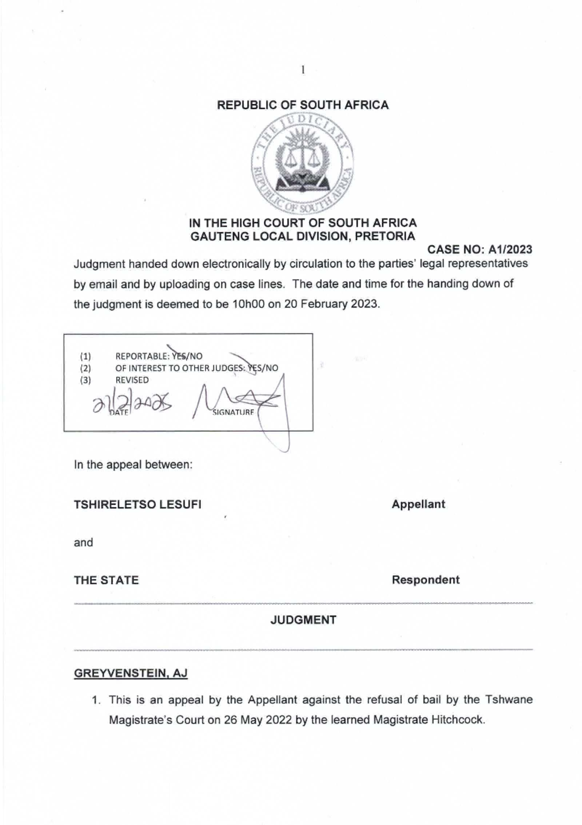 BAIL Refusal Appeal Judgment - Case No: [Insert Case Number] - Studocu