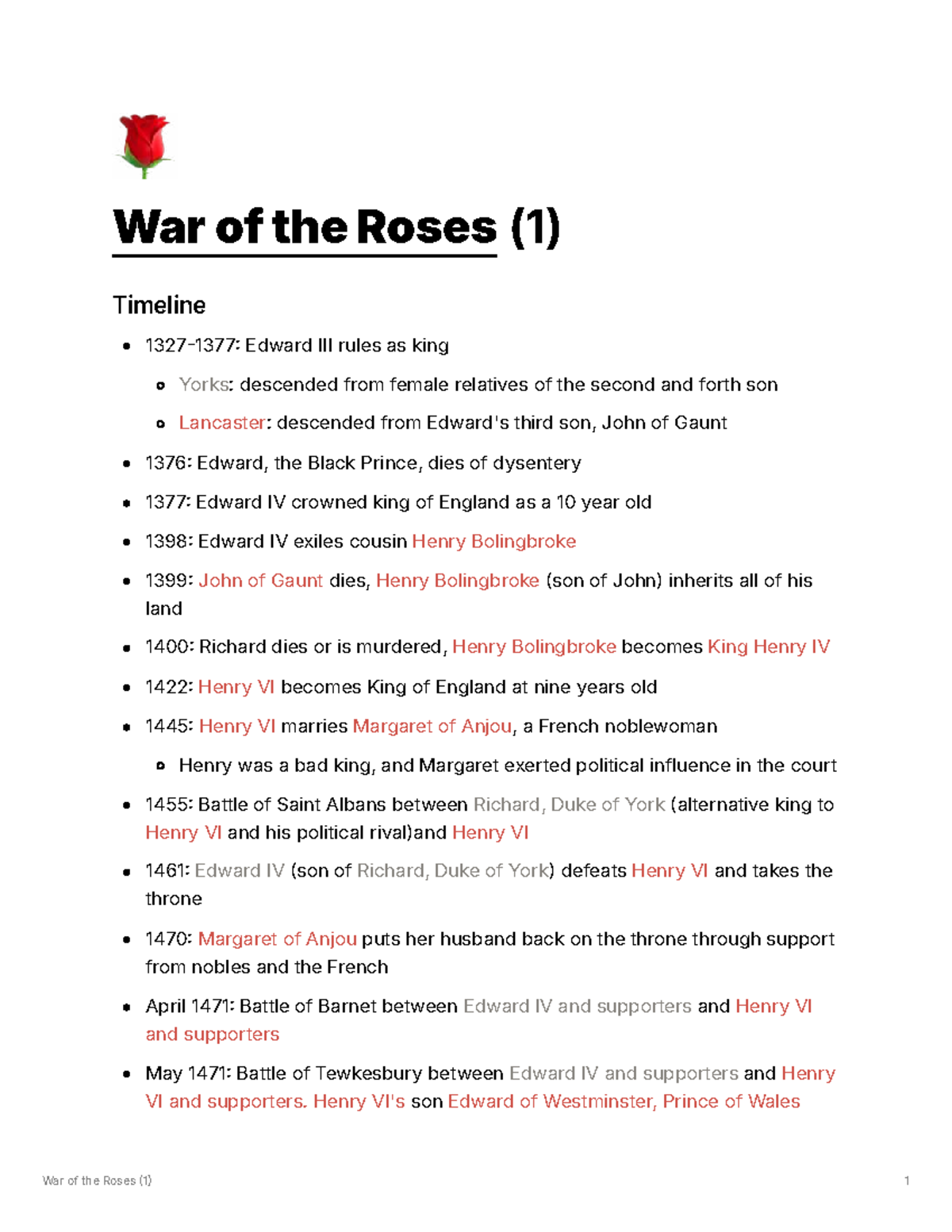 Tudors: War of the Roses Timeline (HIST 101) - Studocu
