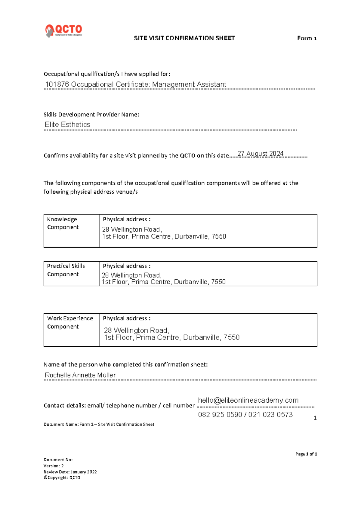 Form 1 - Confirmation Sheet for QCTO Site Visit (Version 2) - Studocu