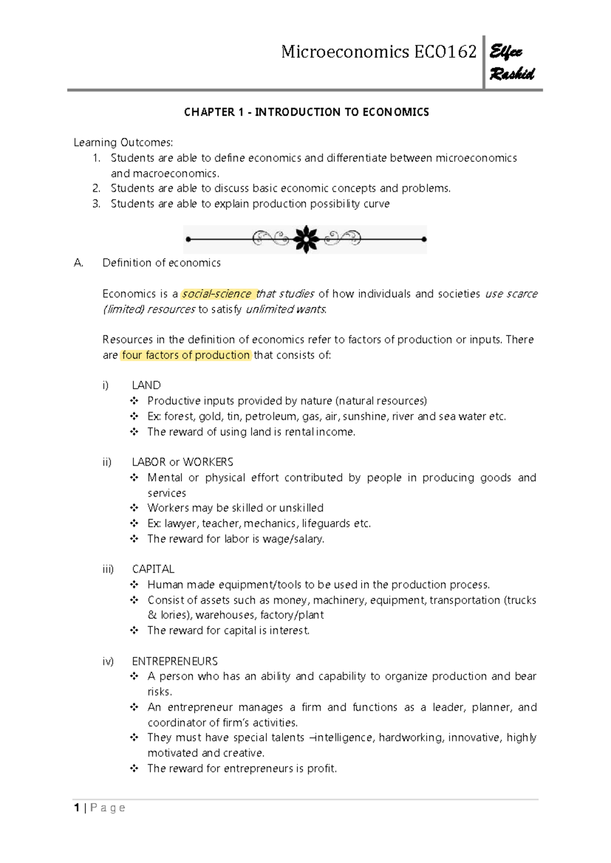 Chapter 1 - Intro to Economics: Key Concepts & Definitions - Studocu