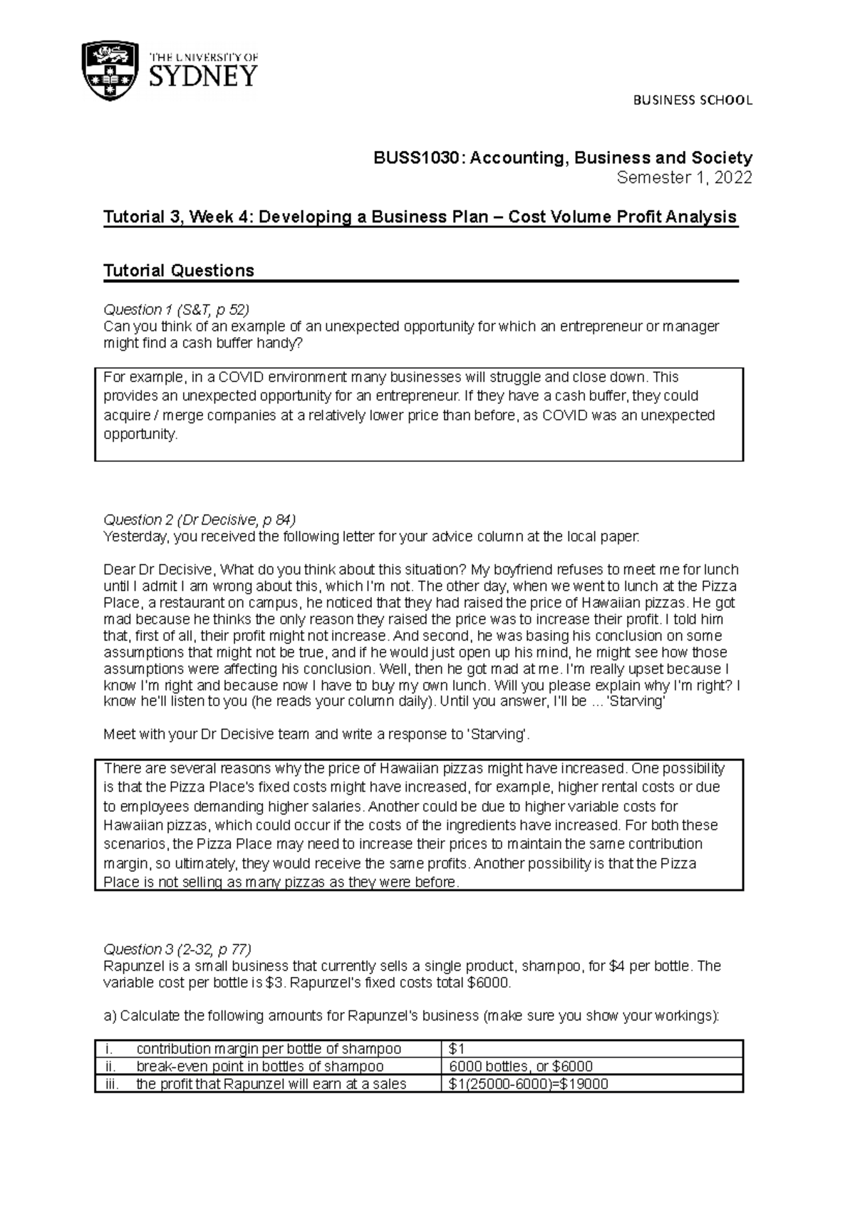 BUSS1030 Tutorial 3 Week 4: BPlan & CVP Analysis Insights - Studocu