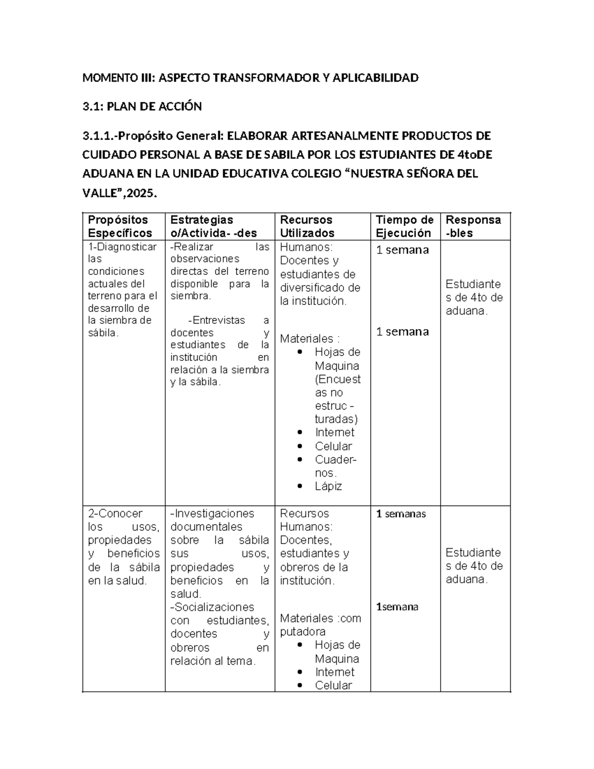 PLAN DE ACCIÓN: ELABORACIÓN DE PRODUCTOS ARTESANALES DE SÁBILA Y ...