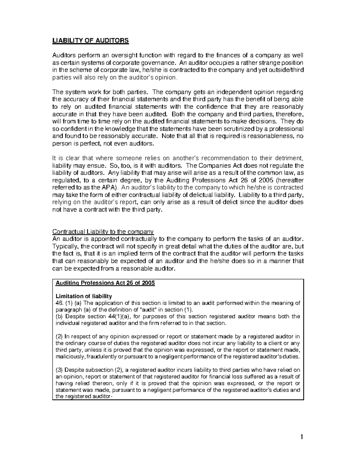 Liability OF Auditors Explanatory notes - LIABILITY OF AUDITORS ...
