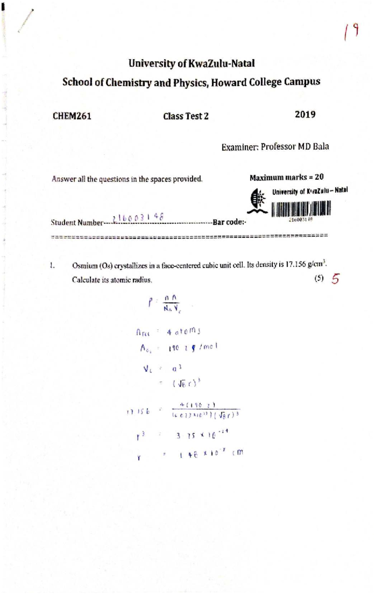 CHEM261 2019 Class Test 2 - Chemistry and Physics Exam - Studocu